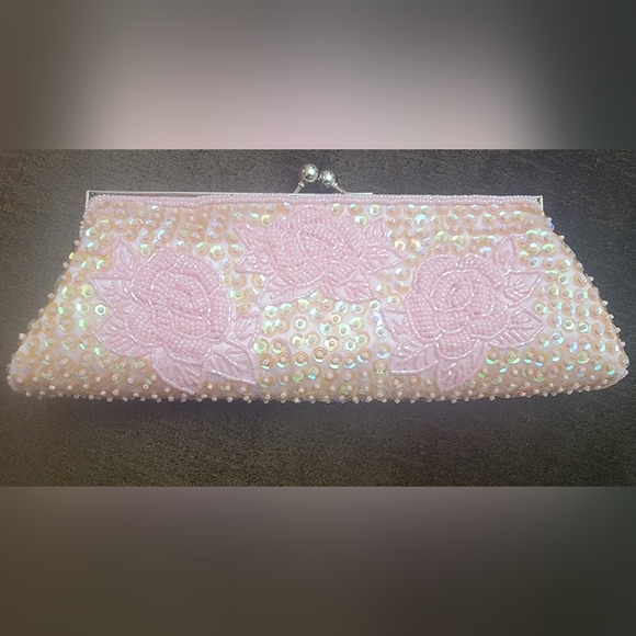 Bags | Embellished Beaded Sequin Pink Clutch Party Purse Rose Design ...